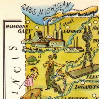 1950s Antique INDIANA State Map Colorful Animated Picture Map Of ...